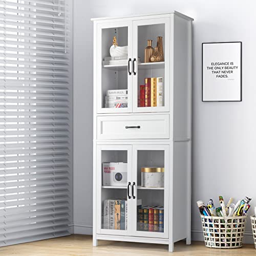 Karl home 4-Tier Bookcase Storage Cabinet, Freestanding Bookshelf with 4 Acrylic Doors 1 Drawer, Kitchen Pantry Bathroom Cabinet for Office Bedroom Dining Living Room, White 29.13" Lx13.78 Wx70.87 H