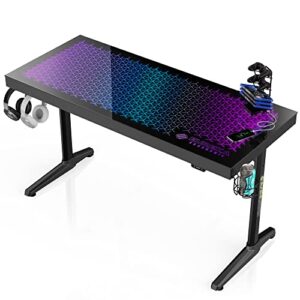 eureka ergonomic rgb led gaming desk, music sync lights up tempered glass desktop, 55" gtg i55 computer table w controller rack 4 usb charging ports school student gift for home office, app control