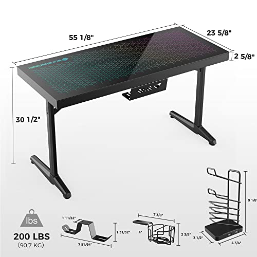 EUREKA ERGONOMIC RGB LED Gaming Desk, Music Sync Lights Up Tempered Glass Desktop, 55" GTG I55 Computer Table W Controller Rack 4 USB Charging Ports School Student Gift for Home Office, APP Control