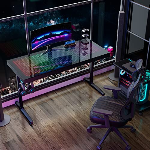 EUREKA ERGONOMIC RGB LED Gaming Desk, Music Sync Lights Up Tempered Glass Desktop, 55" GTG I55 Computer Table W Controller Rack 4 USB Charging Ports School Student Gift for Home Office, APP Control