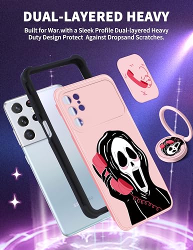 Goocrux (2in1 for Samsung Galaxy S21 Ultra Case Skull Skeleton Women Girls Cute Girly Phone Cover Cool Funny Goth Design with Slide Camera Cover+Ring Holder Teen Cases for S21 Ultra 6.8''