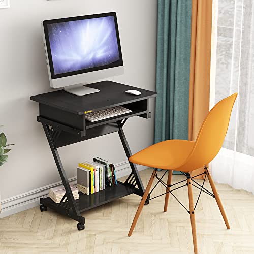 ALISENED Computer Desk for Small Spaces,23.6" Z-Shaped Compact Study Table with Smooth Keyboard Tray,with Wheels and Bottom Shelves for Home Office，Computer Cart Mobile Laptop Cart