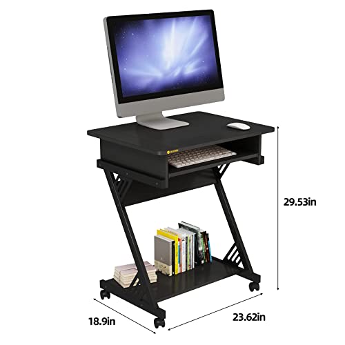 ALISENED Computer Desk for Small Spaces,23.6" Z-Shaped Compact Study Table with Smooth Keyboard Tray,with Wheels and Bottom Shelves for Home Office，Computer Cart Mobile Laptop Cart