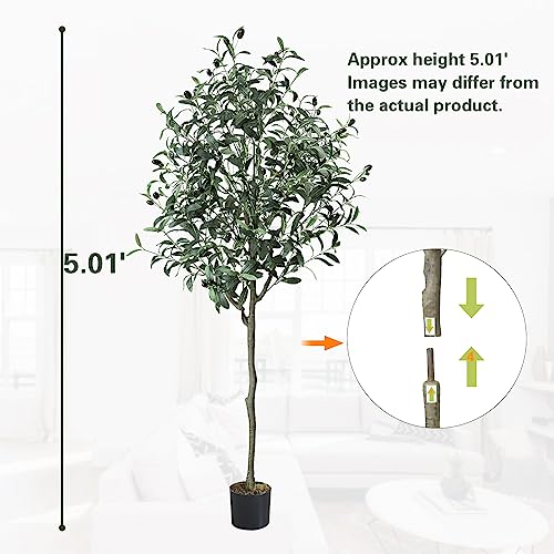 Chantoo Olive Tree 5FT Olive Trees Artificial Indoor Faux Olive Tree Artificial Olive Tree for Office Home Decor Faux Plants Indoor Tall Fake Plants with Realistic Trunk and Lifelike Fruits