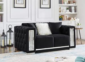 melpomene black velvet loveseat sofa,handmade button tufted square arm withfaux diamonds, mirrored trim,silver metal legs