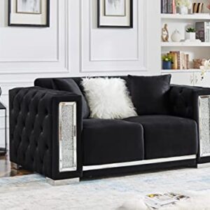 Melpomene Black Velvet Loveseat Sofa,Handmade Button Tufted Square Arm withFaux Diamonds, Mirrored Trim,Silver Metal Legs