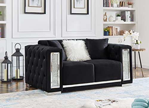 Melpomene Black Velvet Loveseat Sofa,Handmade Button Tufted Square Arm withFaux Diamonds, Mirrored Trim,Silver Metal Legs