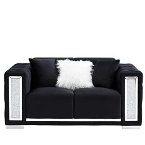 Melpomene Black Velvet Loveseat Sofa,Handmade Button Tufted Square Arm withFaux Diamonds, Mirrored Trim,Silver Metal Legs