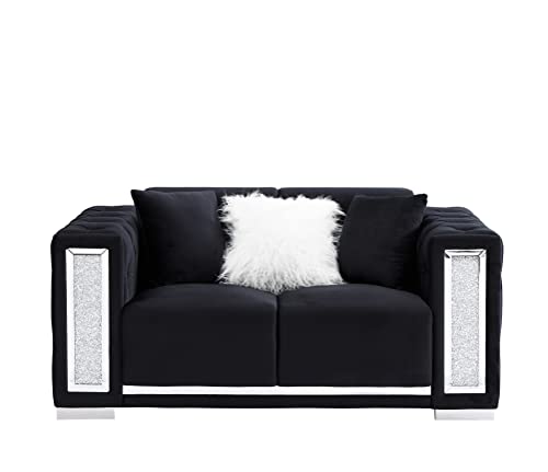 Melpomene Black Velvet Loveseat Sofa,Handmade Button Tufted Square Arm withFaux Diamonds, Mirrored Trim,Silver Metal Legs