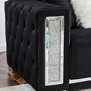 Melpomene Black Velvet Loveseat Sofa,Handmade Button Tufted Square Arm withFaux Diamonds, Mirrored Trim,Silver Metal Legs