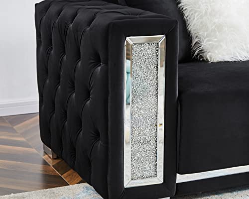 Melpomene Black Velvet Loveseat Sofa,Handmade Button Tufted Square Arm withFaux Diamonds, Mirrored Trim,Silver Metal Legs