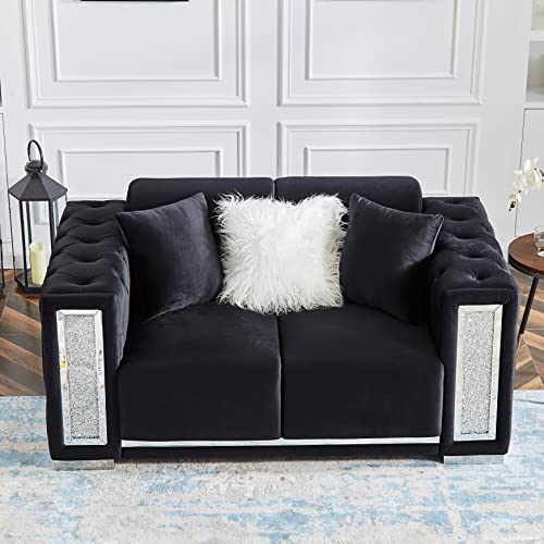 Melpomene Black Velvet Loveseat Sofa,Handmade Button Tufted Square Arm withFaux Diamonds, Mirrored Trim,Silver Metal Legs