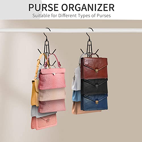 PODATOL Purse Hanger for Closet, Rotatable Purses Organizer, 6 Storage Capacity Hanging Bag Holder, Closet Rod Hooks for Hanging Bags, Purses, Handbags, Belts, Scarves, Hats(Black)