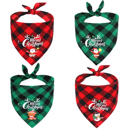 JUNEBRUSHS 4 Pack Dog Bandanna Christmas Pet Scarf Printing Plaid Xmas Handkerchiefs Cartoon Triangle Bibs Kerchief Set Party Supply for Small Medium Large Puppies Cats Pets