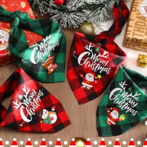 JUNEBRUSHS 4 Pack Dog Bandanna Christmas Pet Scarf Printing Plaid Xmas Handkerchiefs Cartoon Triangle Bibs Kerchief Set Party Supply for Small Medium Large Puppies Cats Pets