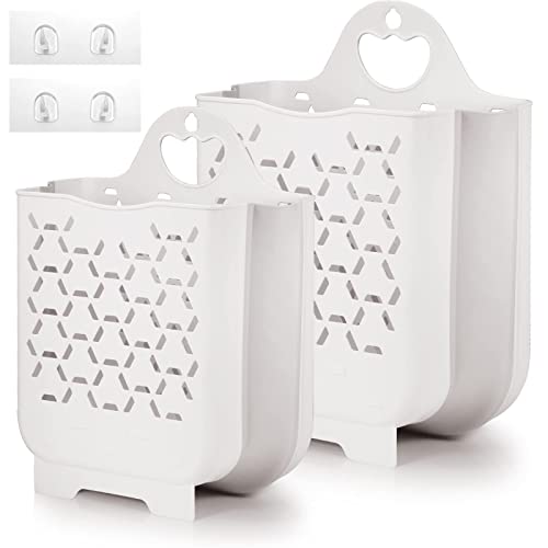 Laundry Basket Collapsible Laundry Hamper 2 Packs Clothes Hamper Portable Dirty Clothes Basket Smart Saving Space Hampers for Laundry Dorm Room Ventilated Design (White)