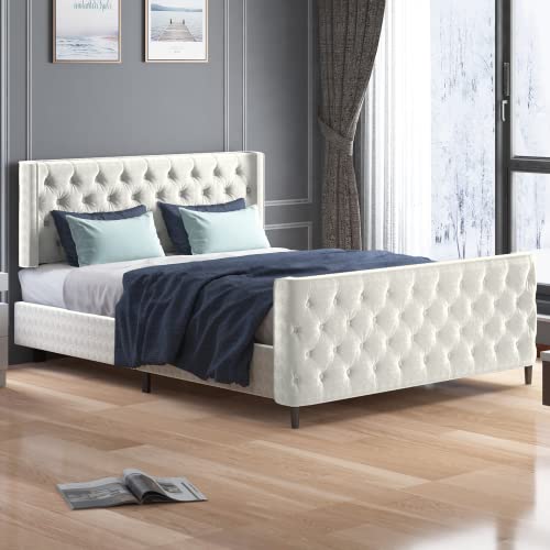 BALUS Upholstered Platform Bed Frame, Queen Size Button Tufted Bed Frame with Adjustable Headboard, Sturdy Wood Slat Support/No Box Spring Needed/Easy Assembly, Bright White