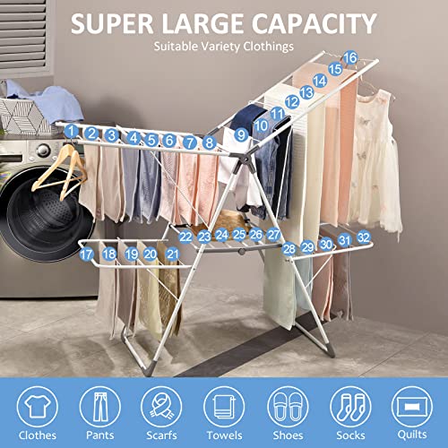 TOOLF Clothes Drying Rack, Clothes Rack, Foldable 2-Level Laundry Racks for Drying Clothes, with Height-Adjustable Wings, Indoor/Outdoor Portable Dryer for Clothing and Towels, White