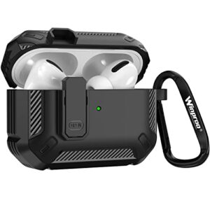 winproo armor airpods pro case cover with lock clip, military hard shell full-body shockproof protective case skin with keychain for airpods pro [black]