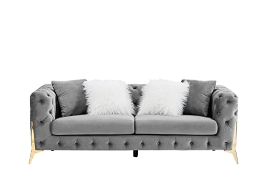 Melpomene Contemporary Velvet Upholstered Sofa Couch with Deep Button Tufting and Custom Gold Chrome Legs,Grey