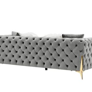 Melpomene Contemporary Velvet Upholstered Sofa Couch with Deep Button Tufting and Custom Gold Chrome Legs,Grey