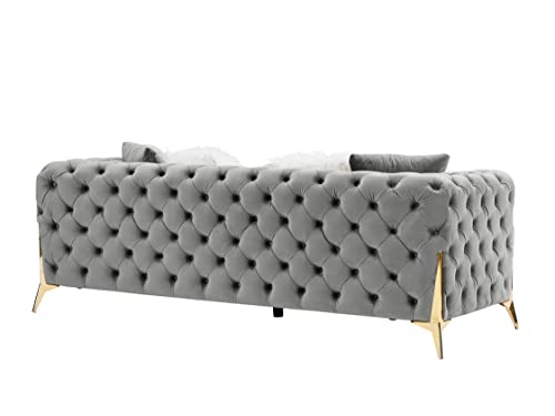 Melpomene Contemporary Velvet Upholstered Sofa Couch with Deep Button Tufting and Custom Gold Chrome Legs,Grey