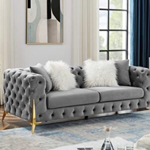 Melpomene Contemporary Velvet Upholstered Sofa Couch with Deep Button Tufting and Custom Gold Chrome Legs,Grey