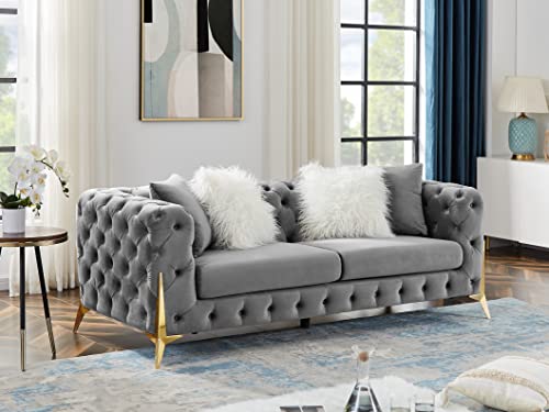 Melpomene Contemporary Velvet Upholstered Sofa Couch with Deep Button Tufting and Custom Gold Chrome Legs,Grey