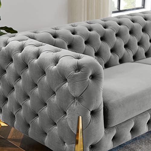 Melpomene Contemporary Velvet Upholstered Sofa Couch with Deep Button Tufting and Custom Gold Chrome Legs,Grey