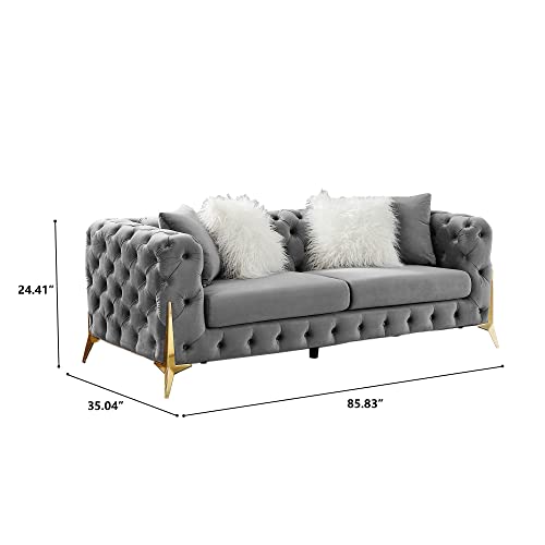 Melpomene Contemporary Velvet Upholstered Sofa Couch with Deep Button Tufting and Custom Gold Chrome Legs,Grey