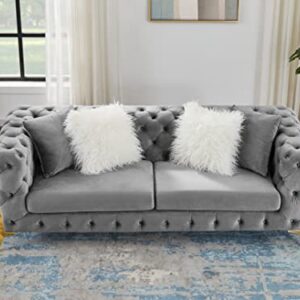 Melpomene Contemporary Velvet Upholstered Sofa Couch with Deep Button Tufting and Custom Gold Chrome Legs,Grey