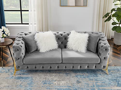 Melpomene Contemporary Velvet Upholstered Sofa Couch with Deep Button Tufting and Custom Gold Chrome Legs,Grey