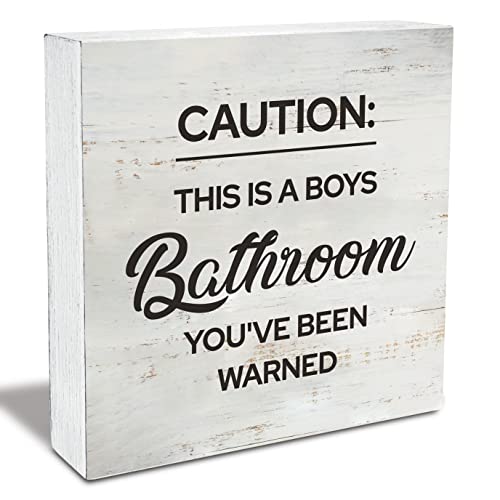 Caution This is a Boys Bathroom You've Been Warned Bathroom Wood Box Sign Rusitc Farmhouse Boy Bathroom Restroom Toilet Desk Shelf Decor (5 X 5 Inch)