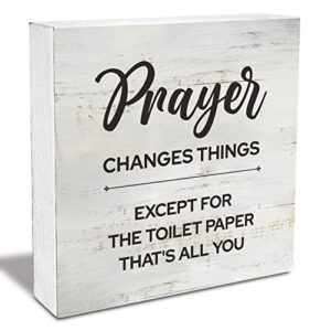 bathroom quote prayer changes things toilet paper wood box sign rusitc farmhouse bathroom restroom desk shelf decor (5 x 5 inch)