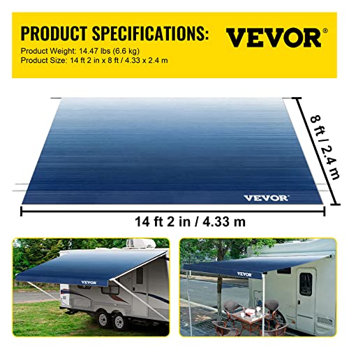 VEVOR RV Awning, 15 ft (Fabric Size: 14' 2") Awning Replacement Fabric, Premium Grade Waterproof Vinyl, Universal Outdoor Canopy RV Replacement Fabric for Camper, Trailer,and Motor Home, Slate Blue