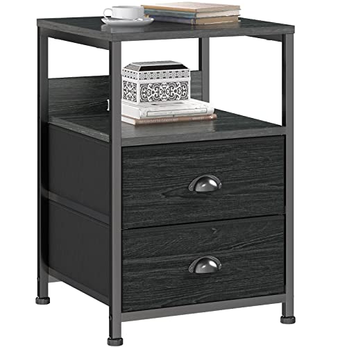 Furologee Nightstand with 2 Fabric Drawers, End Table with Storage Shelf, Industrial Bedside Table, Small Dresser Organizer Furniture Metal Frame for Living Room/Bedroom/Dorm/Hallway, Black Oak