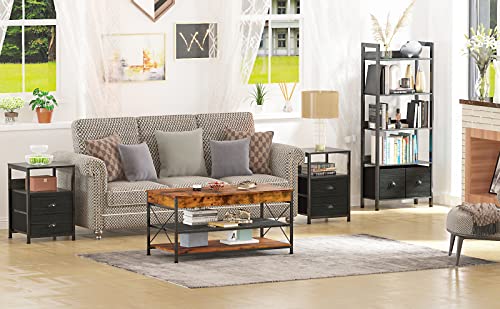 Furologee Nightstand with 2 Fabric Drawers, End Table with Storage Shelf, Industrial Bedside Table, Small Dresser Organizer Furniture Metal Frame for Living Room/Bedroom/Dorm/Hallway, Black Oak