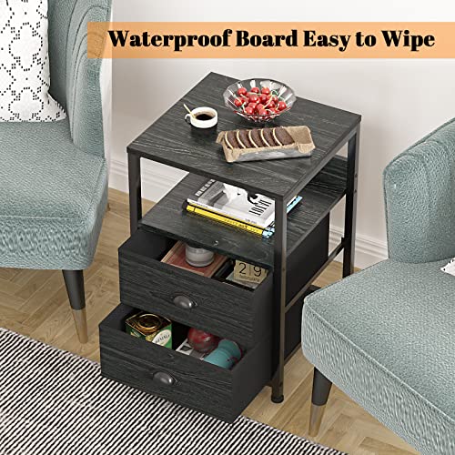 Furologee Nightstand with 2 Fabric Drawers, End Table with Storage Shelf, Industrial Bedside Table, Small Dresser Organizer Furniture Metal Frame for Living Room/Bedroom/Dorm/Hallway, Black Oak