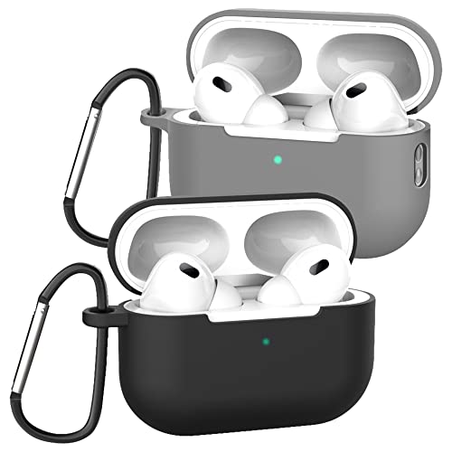 Seltureone 2-Pack Case Compatible for AirPods Pro 2nd Generation (2022) with Keychain+Magnetic Anti-Lost Sports Straps, Soft Silicone Cover Full Protective Front LED Visible, Black Gray