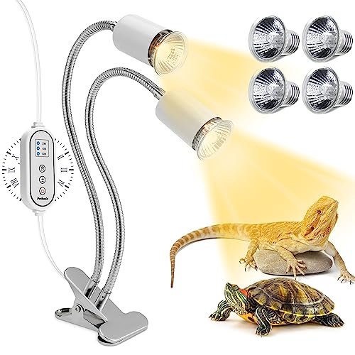 Petboda Reptile Heat Lamp, Dual Head UVA/UVB Reptile Light with Cycle Timer, Dimmable Basking Light for Turtle Tortoise Lizard Snake Bearded Dragon and More, 4 Bulbs (2PCS 25W + 2PCS 50W) Included