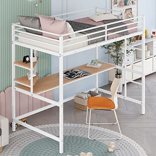 Merax Modern Metal Bunk Bed wit Long Desk and Shelves Loft Bed Frame with Full-Length Gardrail Space-Saving Twin, White