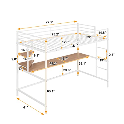 Merax Modern Metal Bunk Bed wit Long Desk and Shelves Loft Bed Frame with Full-Length Gardrail Space-Saving Twin, White