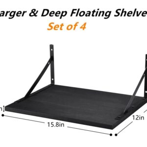 Deep Floating Shelves for Wall 4 Sets, 12 Inch Deep Floating Shelves Black, Wide Floating Shelves Wood Wall Mounted, Large Floating Wall Shelves for Bathroom, Bedroom, Kitchen, Living Room, Office