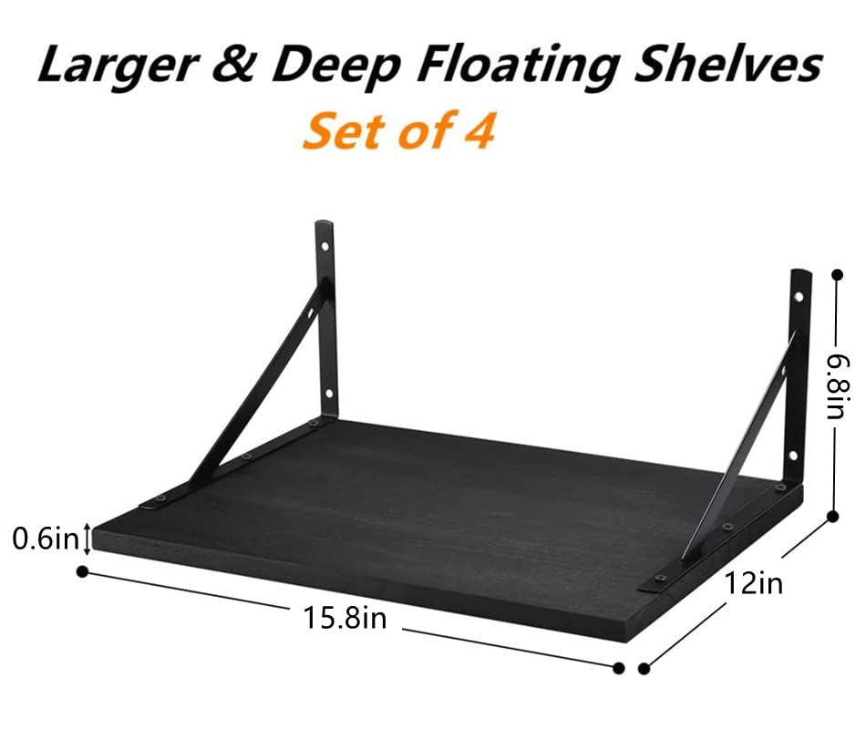 Deep Floating Shelves for Wall 4 Sets, 12 Inch Deep Floating Shelves Black, Wide Floating Shelves Wood Wall Mounted, Large Floating Wall Shelves for Bathroom, Bedroom, Kitchen, Living Room, Office