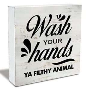 bathroom quote wash your hands filthy animal wood box sign rustic wooden box sign farmhouse bathroom restroom toilet washroom desk shelf decor (5 x 5 inch)