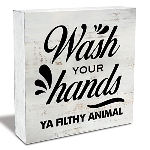 Bathroom Quote Wash Your Hands Filthy Animal Wood Box Sign Rustic Wooden Box Sign Farmhouse Bathroom Restroom Toilet Washroom Desk Shelf Decor (5 X 5 Inch)