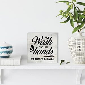 Bathroom Quote Wash Your Hands Filthy Animal Wood Box Sign Rustic Wooden Box Sign Farmhouse Bathroom Restroom Toilet Washroom Desk Shelf Decor (5 X 5 Inch)