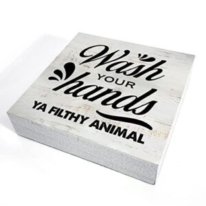 Bathroom Quote Wash Your Hands Filthy Animal Wood Box Sign Rustic Wooden Box Sign Farmhouse Bathroom Restroom Toilet Washroom Desk Shelf Decor (5 X 5 Inch)