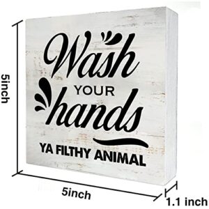 Bathroom Quote Wash Your Hands Filthy Animal Wood Box Sign Rustic Wooden Box Sign Farmhouse Bathroom Restroom Toilet Washroom Desk Shelf Decor (5 X 5 Inch)