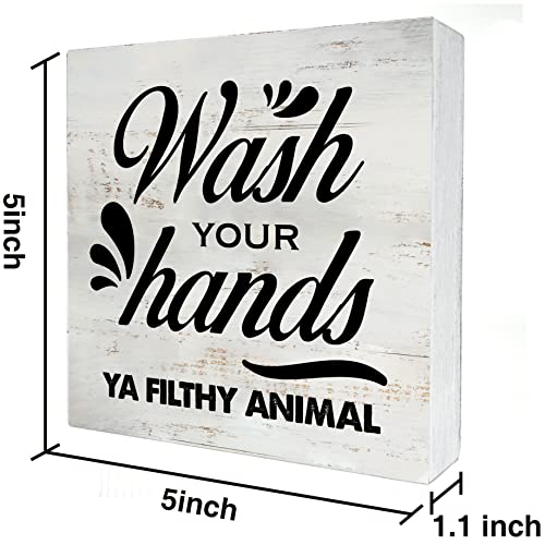 Bathroom Quote Wash Your Hands Filthy Animal Wood Box Sign Rustic Wooden Box Sign Farmhouse Bathroom Restroom Toilet Washroom Desk Shelf Decor (5 X 5 Inch)